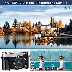 Aynuiyiq 4K Digital Camera for Photography Autofocus 48MP Vlogging Camera for YouTube 16X Digital Zoom Vlog Camera with SD Card, 2 Batteries, Viewfinder & Mode Dial
