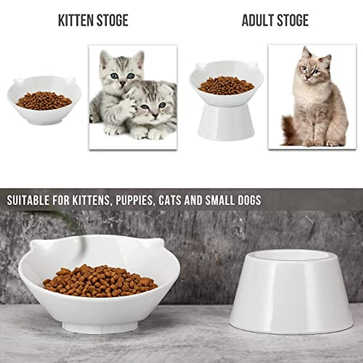 Detachable Elevated Cat Bowls, 15° Tilted Raised Cat Food Bowl Anti-Vomiting,Whisker Friendly, Adjustable Cat Dishes for Protecting Spine,Adult Kitten