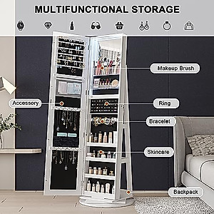 HNEBC LED Light Jewelry Storage Organizer, Armoire with Door Mirror 360° Rotating, Full Length Cabinet, ,Large Jewelry Boxes & Organizers（A White）