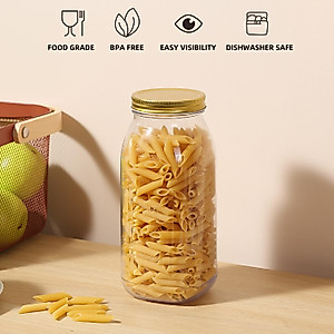 OMNISAFE 64 Ounce Clear Plastic Mason Jars With Screw On Lid, Reusable Empty Jars for Food Storage, BPA Free Containers for Sealing, Dry Food, Snacks, Candies, Breakage-proof, (Gold - 4 Pack)