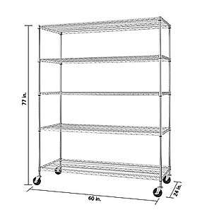 TRINITY EcoStorage Heavy Duty 5-Tier Adjustable Wire Shelving with Wheels for Kitchen Organization, Garage Storage, Laundry Room, NSF Certified, 800 to 4000 Pound Capacity, Chrome, 60 by 24 by 72-Inch