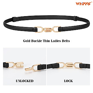 WHIPPY 2 Pack Women Skinny Leather Belt Adjustable Thin Waist Belt Fashion Buckle Belt for Dress，black+brown