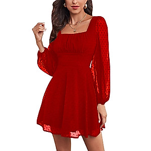 LYANER Women's Polka Dots Square Neck A line Long Sleeve Swiss Dots Mini Dress Red Small