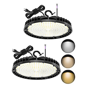 KUKUPPO 2 Pack 240W LED High Bay Light UL&DLC Listed, 36,000lm 240W/190W/140W, 3000K/4000K/5000K Adjustable LED UFO High Bay Shop Light Warehouse Light, 0-10V Dimmable, AC100-277V with Plug, Black
