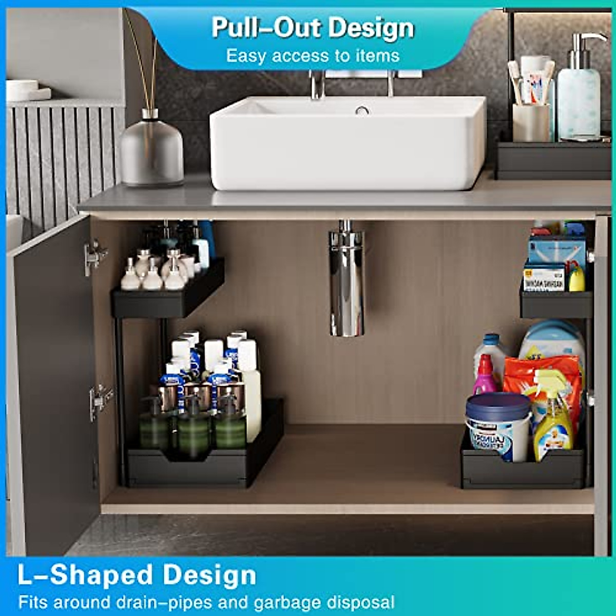 Beriflai Under Sink Organizer 2 Packs, 2 Tier Under Sink Organizers and Storage, Sliding Pull Out Cabinet Basket Organizer for Bathroom Kitchen Pantry, Black