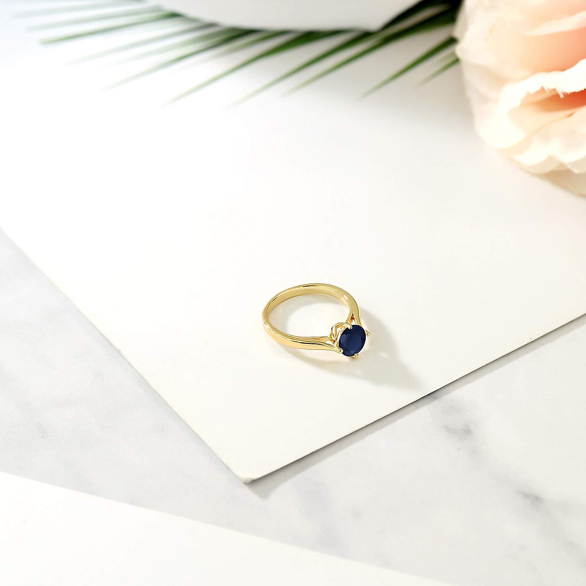 Gem Stone King Blue Sapphire Yellow Gold Plated Solitaire Ring For Women (1.00 Cttw, Round 6MM, Gemstone Birthstone, Available In Size 5, 6, 7, 8, 9)