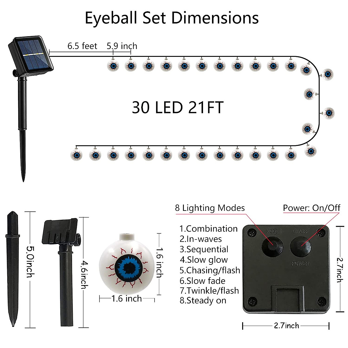 Halloween Decorations Solar Eyeball String Lights Outdoor, Solar Halloween Lights with 30 LED Scary Green Eyeballs, Waterproof Solar Halloween String Lights for Garden Tree Patio Yard Party Decor