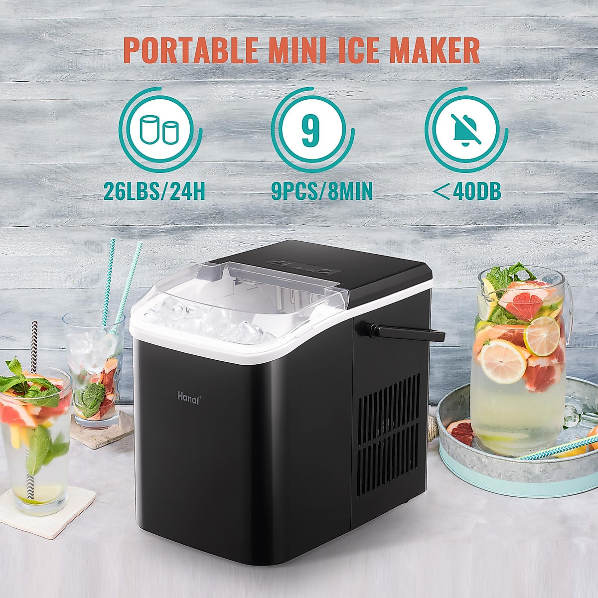 WANAI Ice Makers Countertop, Self-Cleaning Function, 26Lbs/ 8Mins/ 24Hrs 2 Size Ice, Portable Ice Cube Maker Machine with Ice Scoop & Basket