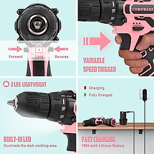 COMOWARE 12V Pink Cordless Drill Home Tool Kit, Pink Drill Set for Women, Lady's Home Repairing Tool Kit Hand Tool Set for DIY Large-Capacity Tool Storage Bag Included