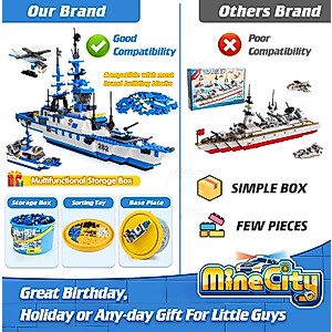 WishaLife 1169 Pieces City Police Station Building Kit, 6 in 1 Military Battleship Building Toy, with Police Cars, Boat, Airplane, Best STEM Construction Toy Gift for Boys and Girls 6-12
