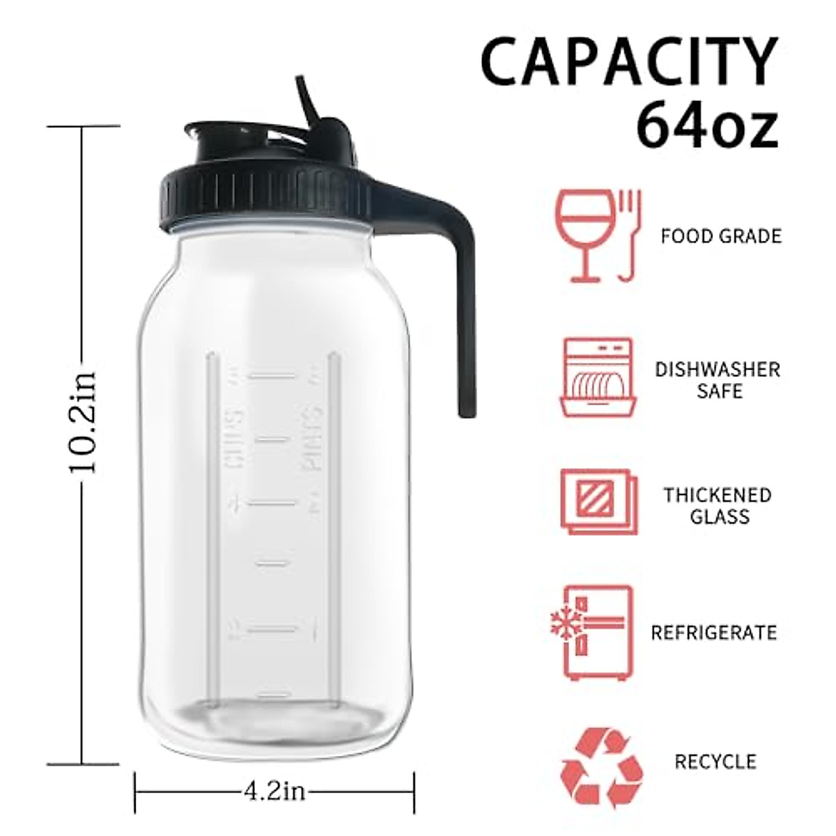 Glass Pitcher with Lid, 64 oz (2 Quart / 1.9 Liter) Glass Mason Jar Pitcher with Precise Scale, LineWide Mouth, Heavy Duty, Leak Proof for Hot/Cold Water Jug, Juice and Homemade Beverage