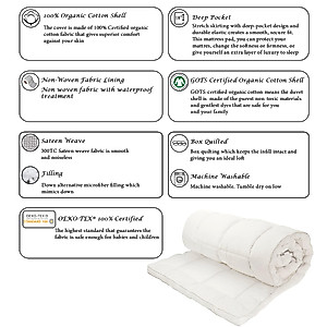 Delara 100% Waterproof 2 IN 1 Mattress Protector & Mattress Pad -Quilted Fitted Down Alternative Mattress Pad Cover, Waterproof Membrane, GOTS Certified Breathable Organic Cotton Shell 18" Deep Pocket