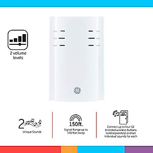 GE Wireless Doorbell Kit, Plug-In Receiver, 1 Push Buttons Door Bell, 2 Melodies Doorbell Chime, 4 Volume Levels, Classroom Doorbell, 150 Ft Range, White, 19298