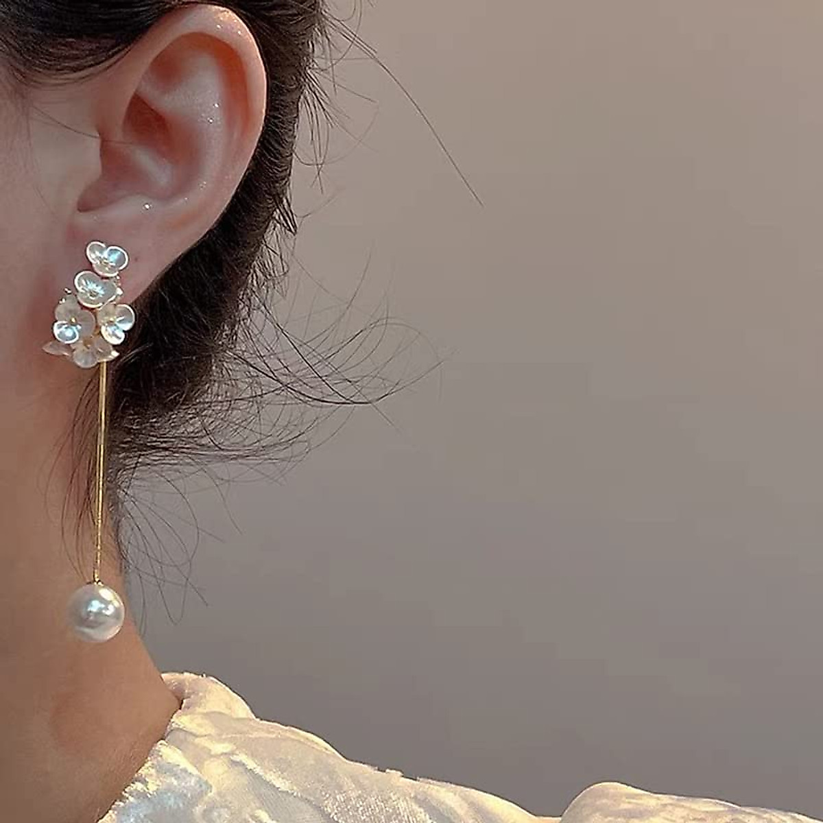 Cualque White Pearl Flower Drop Earrings 925 Sterling Silver Post Long Fringe Pearl Pendant Petal Stud Dangle Statement Earring for Women (Pearl Flower)