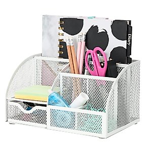 Exerz Desk Organizer White Office Desk Accessories Supplies Office Storage Desktop Pencil Pen Holder with Drawer Home Workspace