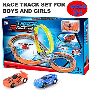 Race Car Track Set, Assembled Car Track Toys with 27 Pcs Building Kits, 2 High Speed Race Cars, 360° Loop X-type Crossing Track for Kids 3+ Ages Birthday (A Race Car Set)
