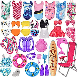 EuTengHao 36Pcs Girl Dolls Clothes Swimsuit Bikini for 11.5 inch Girl Dolls, Doll Bikini and Accessories with Diving Swimming Set Lifebuoys Beach Chair Skateboard Dolphins