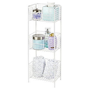 mDesign Steel Freestanding Storage Organizer Tower Rack Basket Shelf, Metal 3-Tier Furniture Unit for Master/Guest Bathroom, Powder Room - Holds Bath Towels, Soap - Concerto Collection - White