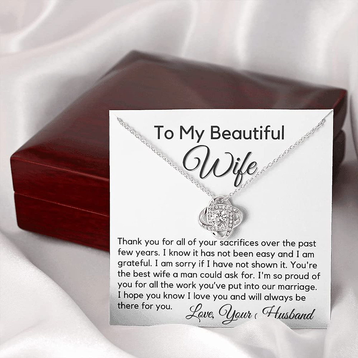 Wife Love Knot Necklace - Wife Birthday Gift Ideas, Womens Jewelry Gifts For Wife Romantic To My Beautiful Soulmate Necklace Mothers Day Gifts, My Lovely Wife Best Wife Valentine's Day Gifts, Christmas Gifts, Xmas Mahogany Style Luxury Box (w/LED)