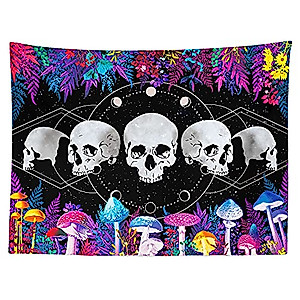 Jinxy Skull Moon Phase Mushroom Garden Tapestry, Psychedelic Floral Plant Tapestry, Wild Flowers Tapestry Home Decor Wall Hanging for Living Roomall Hanging for Living Room (Moon Phase Skull, 51.2" x 59.1")