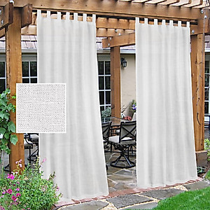Outdoor Linen Sheer Curtains for Patio Waterproof - Indoor/Outdoor Divider Privacy Added Light Filtering Porch Decor with Detachable Self-Stick Tab Top for Gazebo/Cabana, White, 2 Pieces, W52 x L84