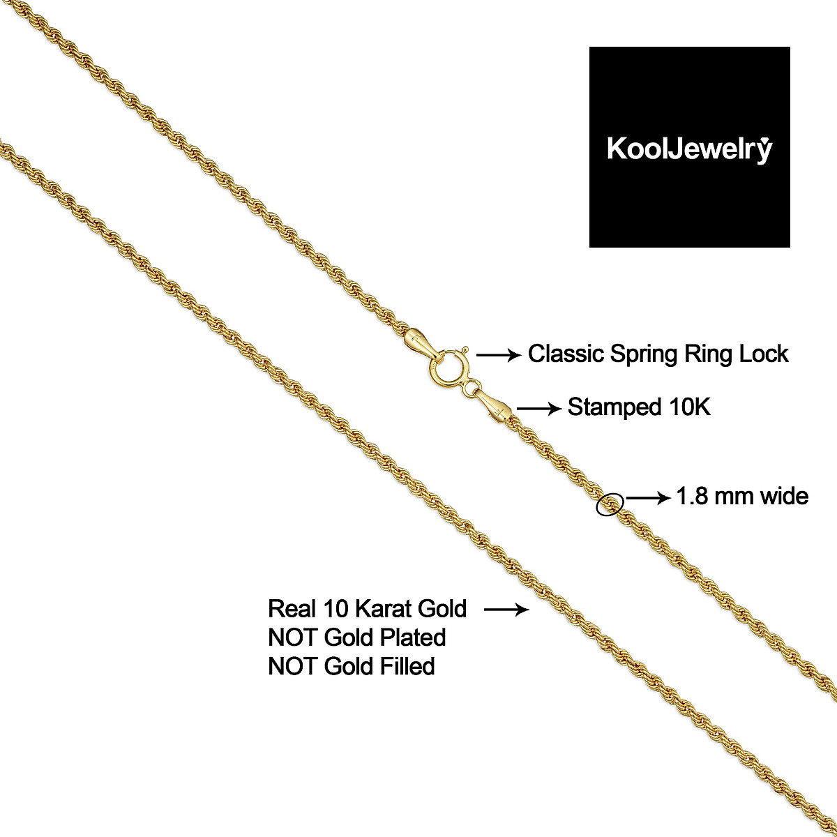 10k Yellow Gold Rope Chain Necklace (1.8 mm, 14 inch)