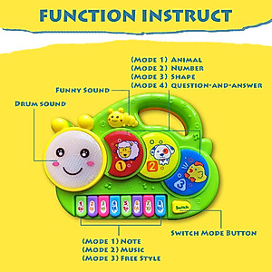 AMINFUN Baby Piano Drum 6-12 Months Toy, Caterpillar Piano Keyboard Drum Light Up Sound Musical Toy, Learning Educational Interactive Infant Toddler 12-24 Months Gift