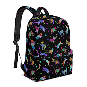 Lightweight Cat School Backpack, Classic Bassic Bookbag for Middle School Students, Cute Cat Patterned Casual Daypack for College, Travel or Work with 15-Inch Laptop Compartment, 17 IN-Black