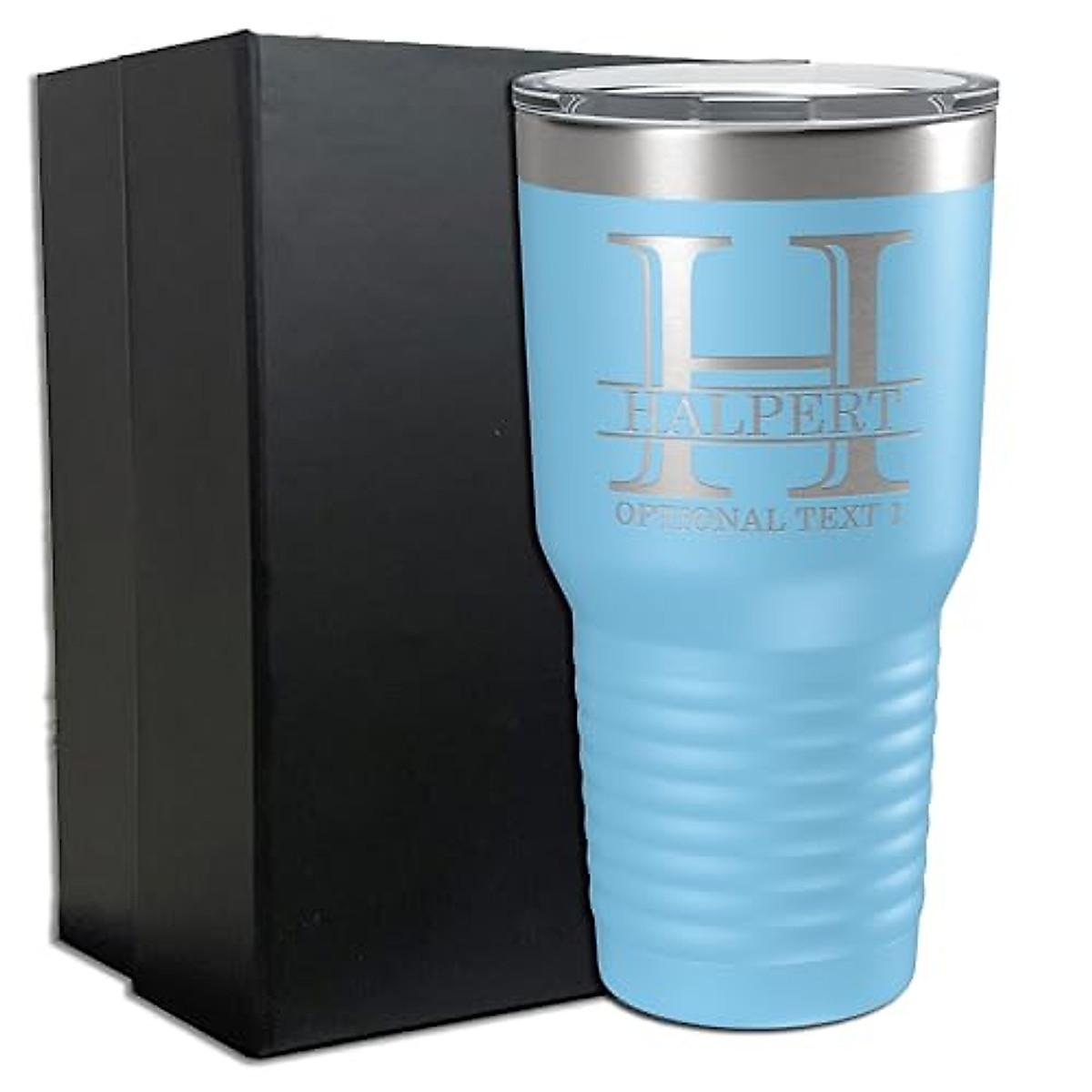 Personalized 30oz (17 Colors) Powder Coated Insulated Stainless Steel Tumbler with Lid, Custom Etched, Customized Engraved Gift Idea for Women Men Her Him, Halpert Monogram Initial Name (Light Blue)