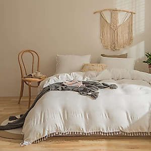 MOOWOO Boho Chic Bedding Twin Size,2 PC White Tufted Tassel Duvet Cover Set,Aesthetic Bedding,Solid,Soft and Breathable with Zipper Closure & Corner Ties