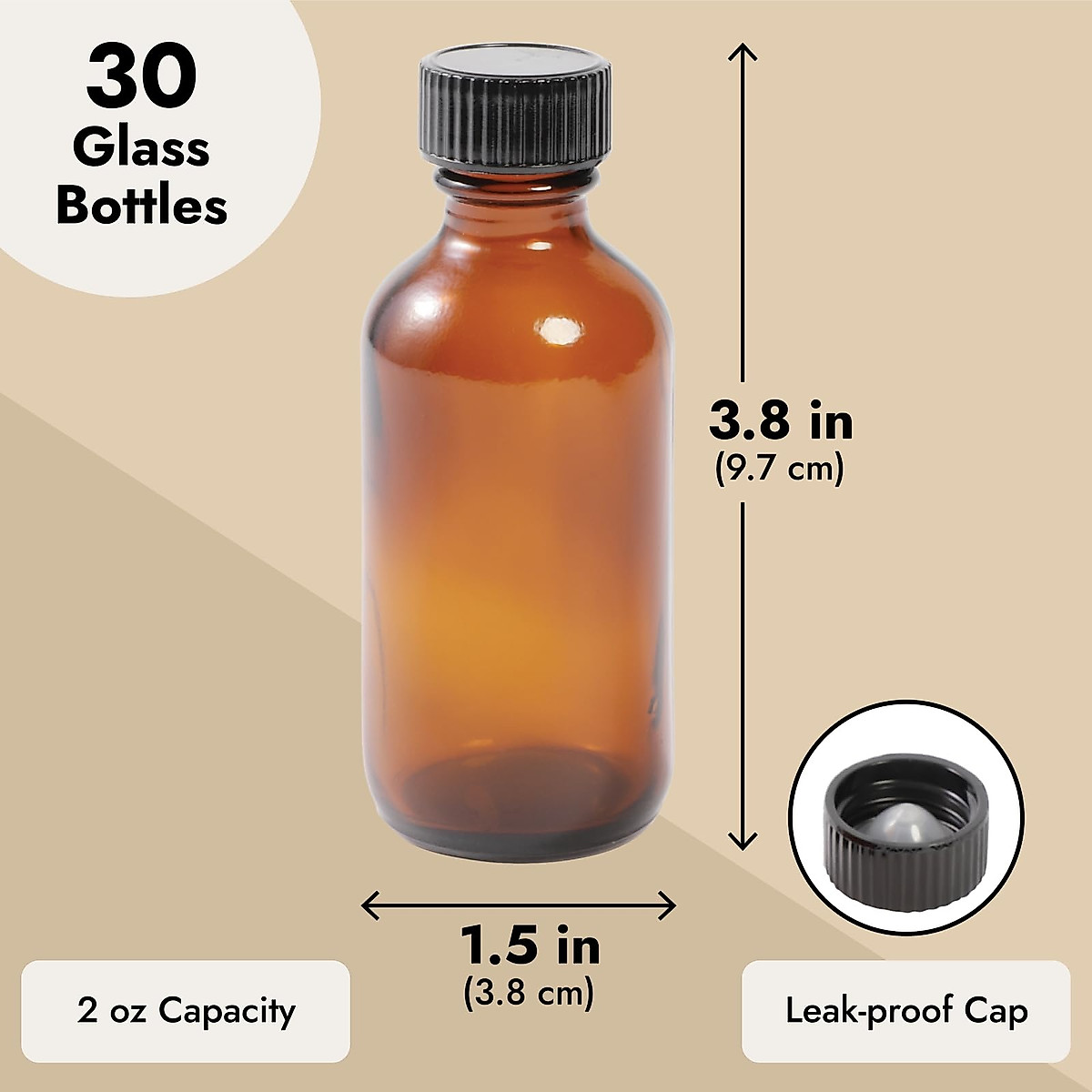 Juvale 30-Pack 2 oz Amber Glass Bottles with Black Poly Cone Caps and 6 Funnels - Small Boston Round Bottle for Homemade Vanilla Extract, Essential Oils, Perfumes, Liquids