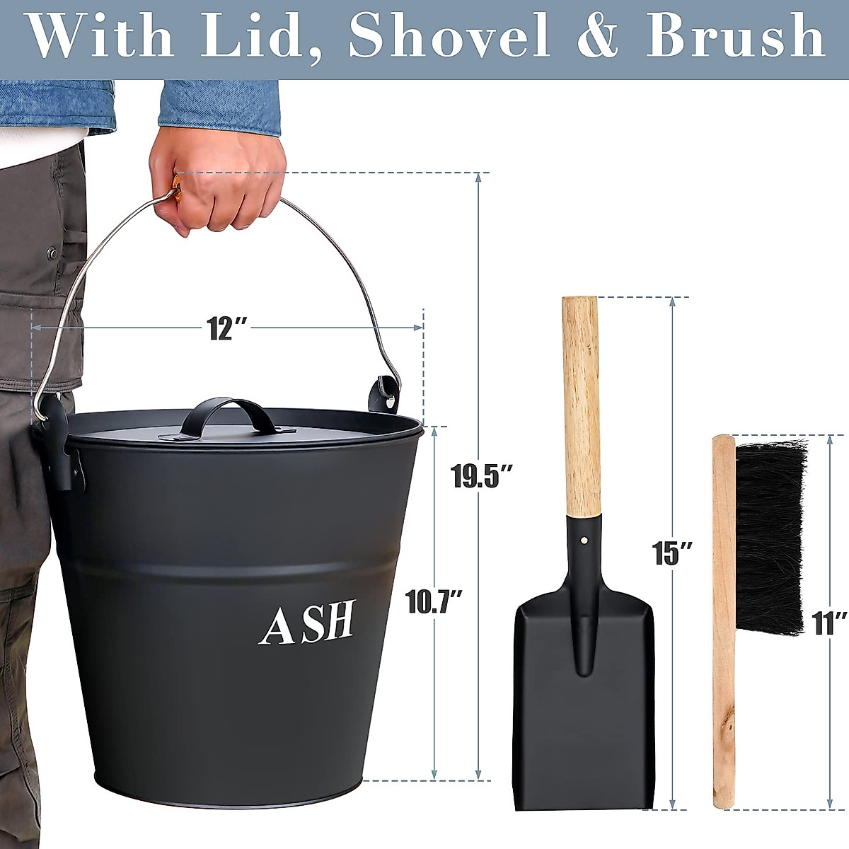 Ash Bucket with Lid and Handle, Galvanized Iron Ash Pail for Fireplace, Fire Pits and Wood Burning Stoves