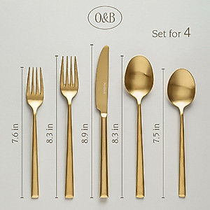 over&back 20pc Modern Flatware Cutlery Set - Comes with 4 Dinner Forks, 4 Salad Forks, 4 Dinner Knives, 4 Dinner Spoons, and 4 Teaspoons - 18/8 Stainless Steel - Dishwasher-Safe - Matte Gold