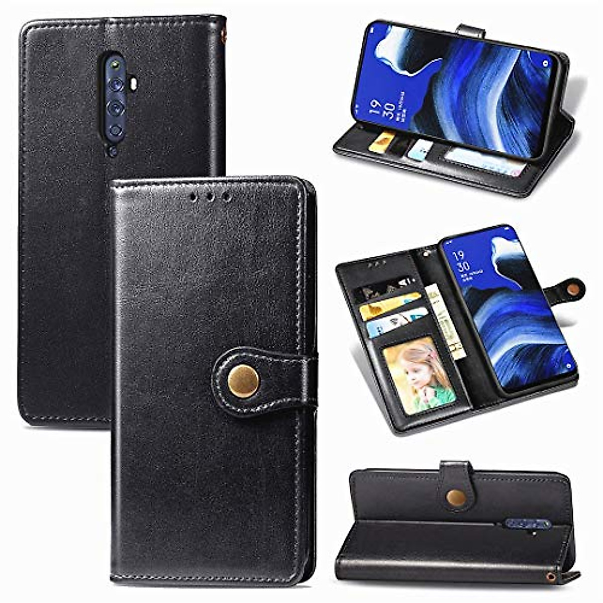 SATURCASE Case for Oppo Reno2 Z, Premium PU Leather Flip Round Magnet Wallet Stand Card Slots Protective Cover with Hand Strap for Oppo Reno2 Z (Black)