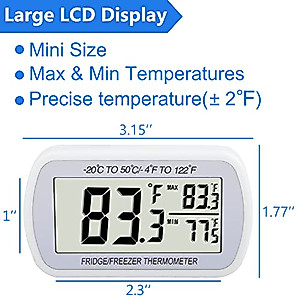 Refrigerator Thermometer Digital Fridge Freeze Room Thermometer Waterproof Large LCD Display Max/Min Record Function, White