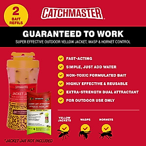 Catchmaster Yellow Jacket, Hornet, & Wasp Trap Jar Bait Refill 2-Pk, Reusable Bug Catcher Attractant, Outdoor Flying Insect Trap, Wasp Killer Bug Trap, Pet Safe Pest Control for Backyard & Patio