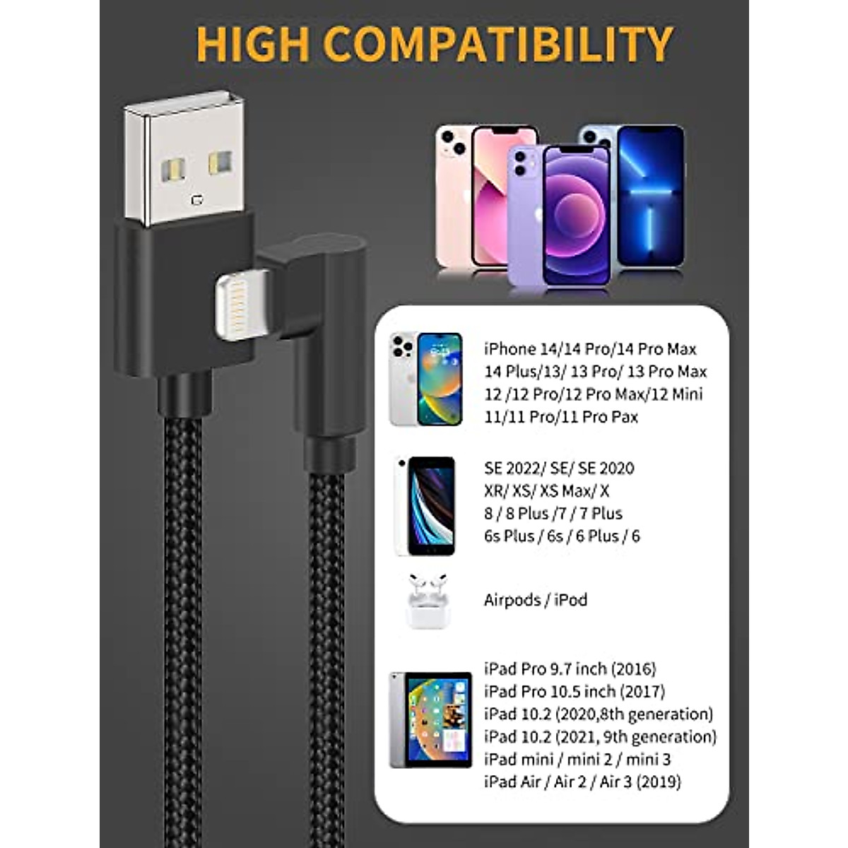 6.6FT iPhone Charger 90 Degree,[Apple MFi Certified] 3Pack USB to Lightning Cable Right Angle,Nylon Braided iPhone Fast Charging Cord for iPhone 14 13 12 11 Pro Max XR XS X 8 7 6 Plus SE iPad Air Mini