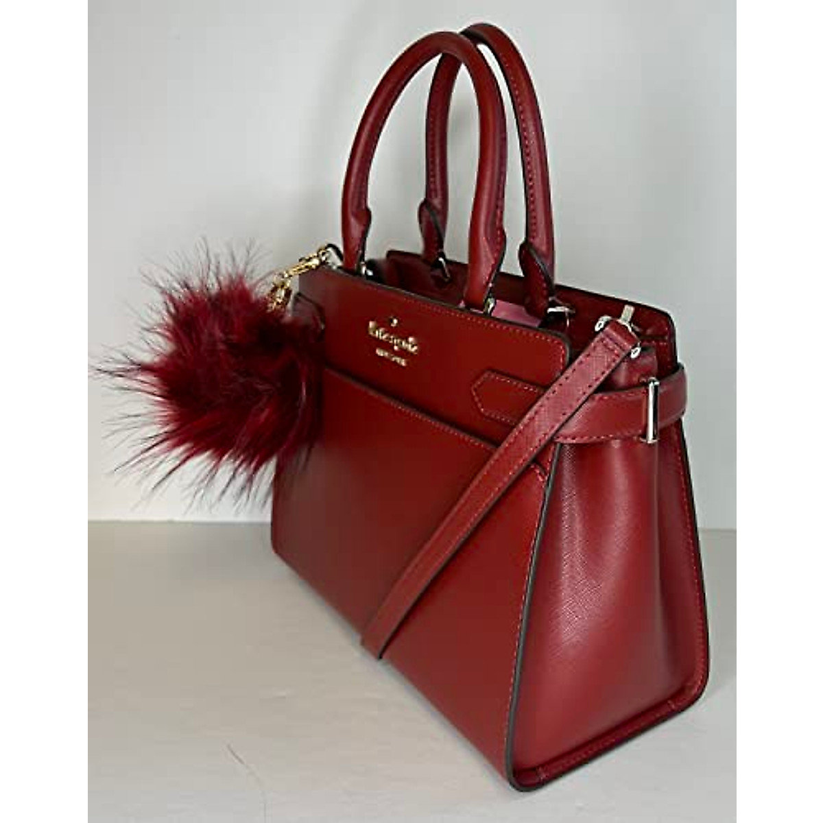 Kate Spade New York Staci MD Satchel bundled with matching Slim Bifold Wallet and Fur Pom (Red Currant)