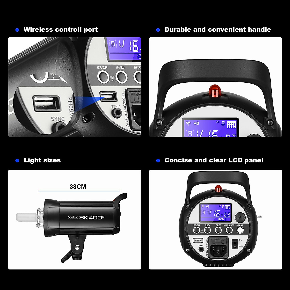 Godox 3 Pack SK400II 1200Ws 2.4G Speedlite Studio Flash Strobe Monolight Bowens Mount Kit for Studio Shooting, Location and Portrait Photography with Softbox, Light Stand, Barn Door Kit, Carrying Case