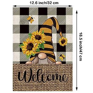Summer Garden Flag Sunflower Gnome Vertical Double Sided Buffalo Plaid Welcome Flag Seasonal Farmhouse Yard Outdoor Decoration 12.5 x 18 Inch (Size for Garden-12.5'' x 18'')