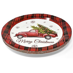 Gift Boutique Christmas Red Truck Party Supply Table Set 24 9" Dinner Plate 24 7" Plate 24 9 Oz Cups 24 Lunch Napkin for Xmas Pickup Trucks with Tree & Buffalo Plaid Disposable Paper Dinner Décor