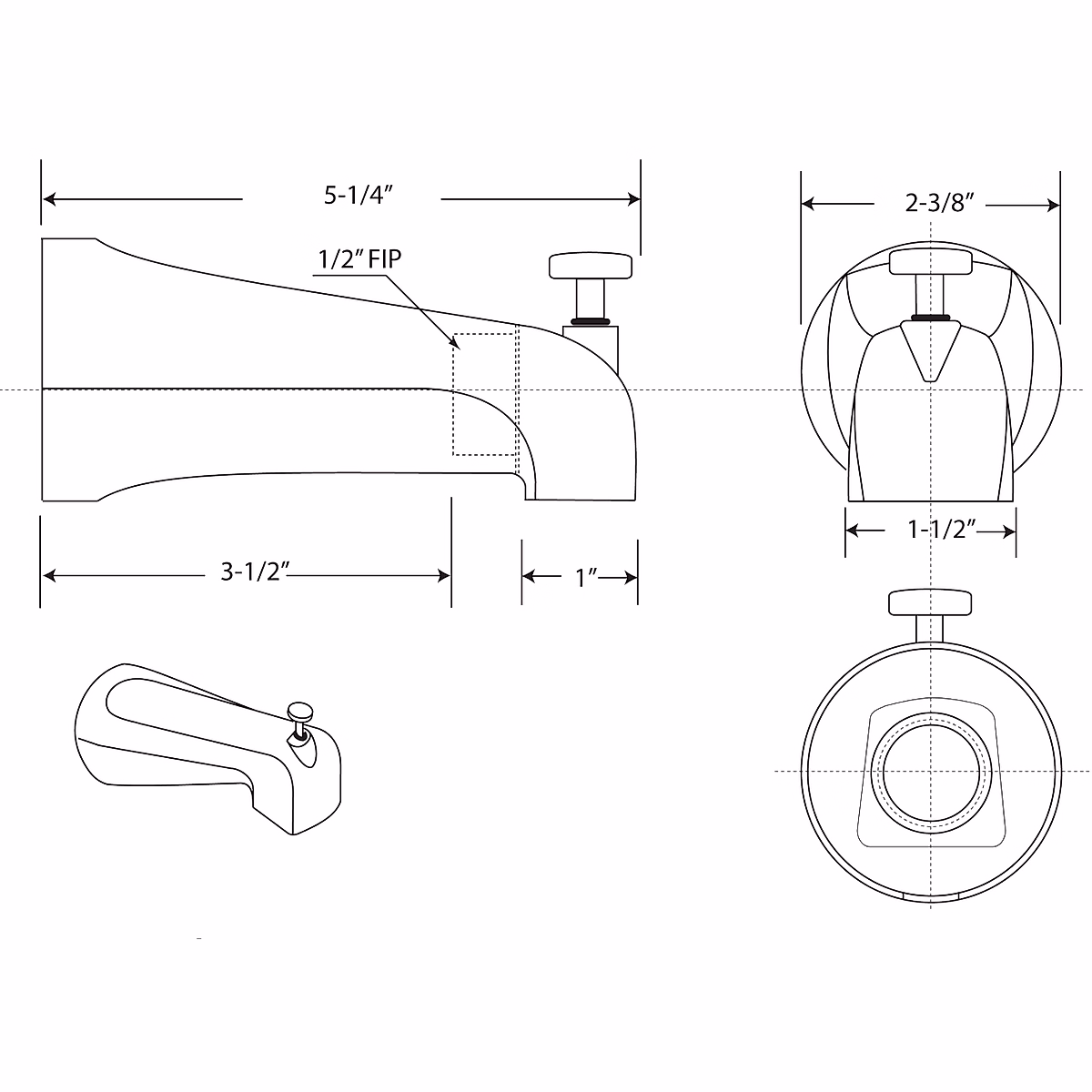 Westbrass E531D-1F-50 E531D-1F 5-1/4" Reach Wall Mount Tub Spout with Front Diverter, 1-Pack, Powder Coat White