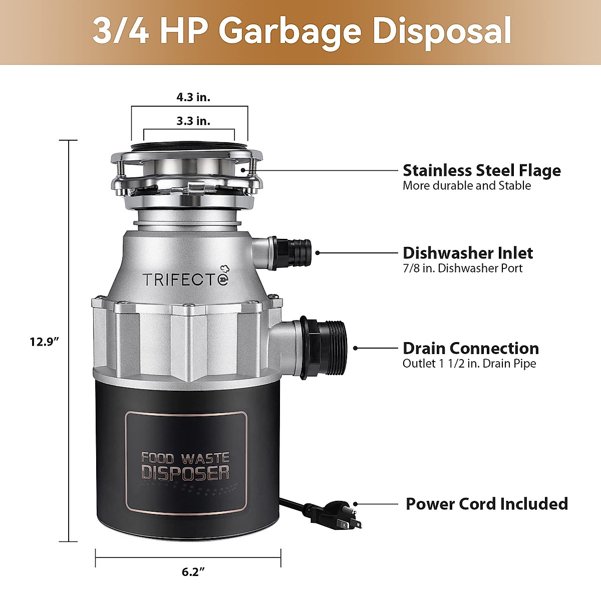 Trifecte Garbage Disposals with Power Cord, Coutinuous Feed Food Waste Disposal with Sound Reduction (EM 200)