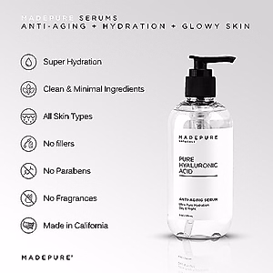 Madepure Pure Hyaluronic Acid Serum for Face | Anti-Aging Plumping Face Serum | Pairs Well with Vitamin C & Retinol Serum | Fragrance Free (1oz Dropper)