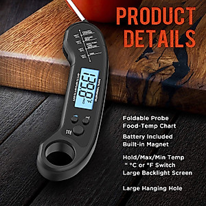 Instant Read Meat Thermometer for Cooking, Fast & Precise Digital Food Thermometer with Backlight, Magnet, Calibration, and Foldable Probe for Deep Fry, BBQ, Grill, and Roast Turkey