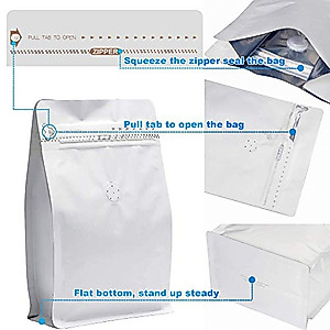 50 Pieces 12 Ounce White Kraft Paper Coffee Bags, Stand Up Coffee Pouches with One Way Degassing Valve and Reusable Side Zipper (Pull Tab to Open) Flat Bottom - Stand Up Well (12oz, 340gram)