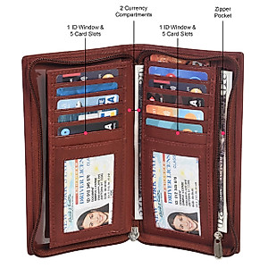 Leatherboss Genuine Leather Checkbook Holder Wallet with All Around Zipper, Brown