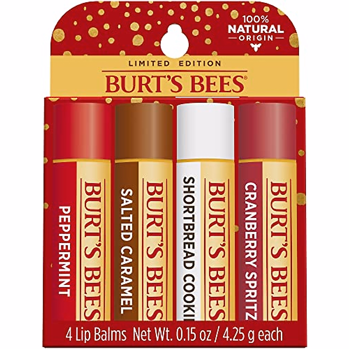 Burt's Bees Lip Balm Easter Basket Stuffers, Moisturizing Lip Care, Festive Fix Set - Peppermint, Salted Caramel, Cranberry Spritz & Shortbread Cookie (4 Pack)