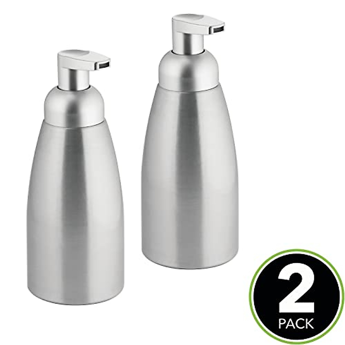 mDesign Modern Metal Aluminum Foaming Soap Dispenser Pump Bottle for Kitchen Sink Countertop, Bathroom Vanity, Utility/Laundry Room, Garage - Save on Soap - Linn Collection - 2 Pack - Brushed/Silver