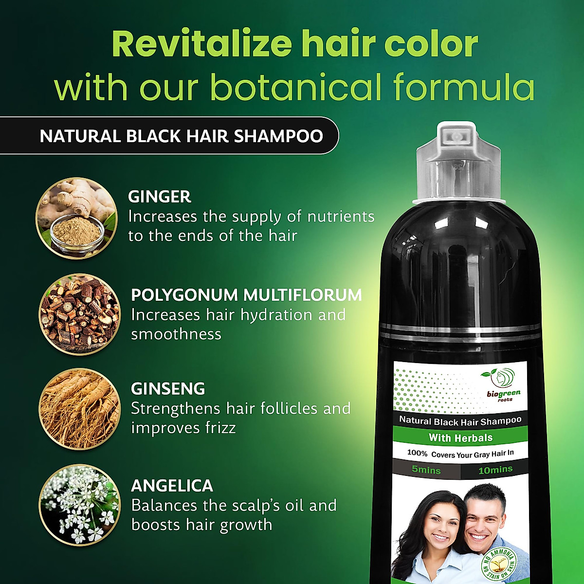 Ammonia-Free Herbal Hair Shampoo - Effectively Covers Gray Hair for Men and Women - Natural Color and Herbal Nourishment - No Stain on Skin - Natural Black (400 ml)